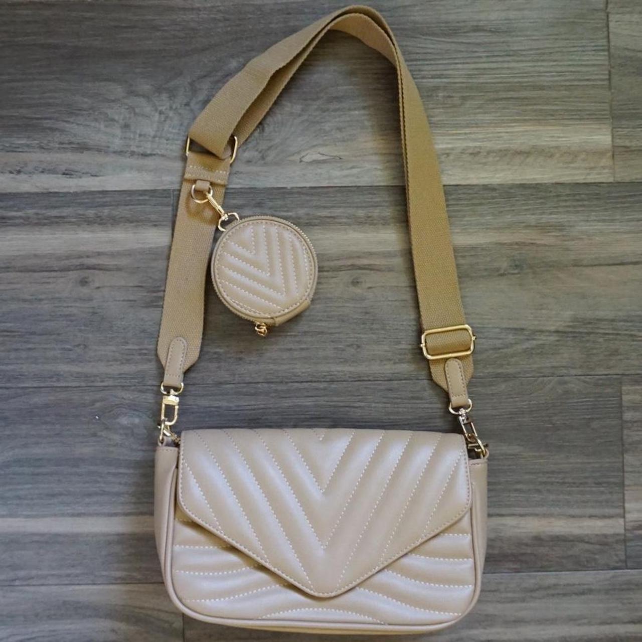 Beige Pleather Crossbody & Shoulder Bag with Gold... - Depop