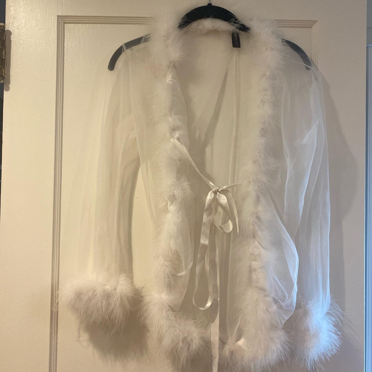 Vintage white shear feather robe with a silk white... - Depop