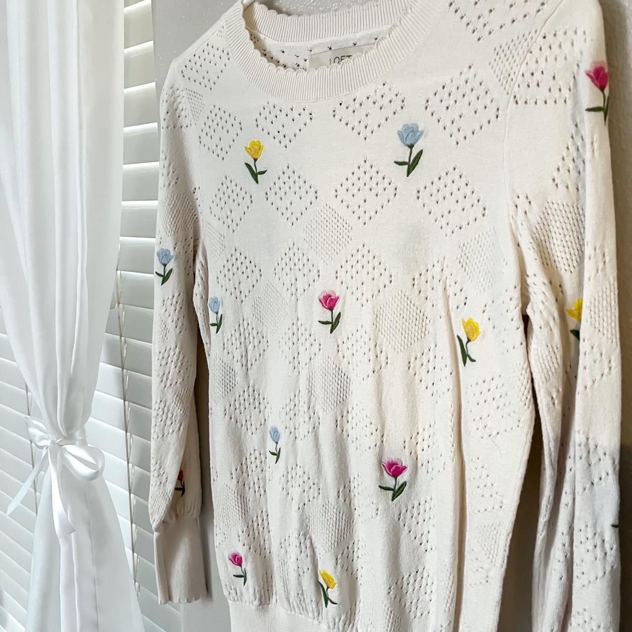 preppy coquette embroidered flower knit sweater Loft - Depop