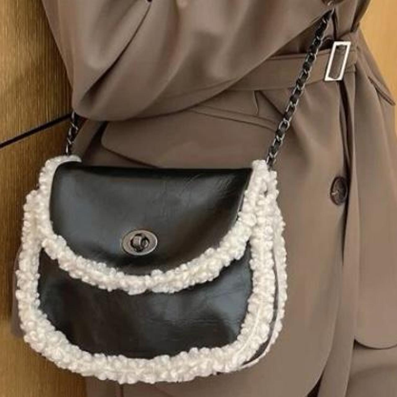 shein mini fuzzy trim twist lock chain flap square... - Depop