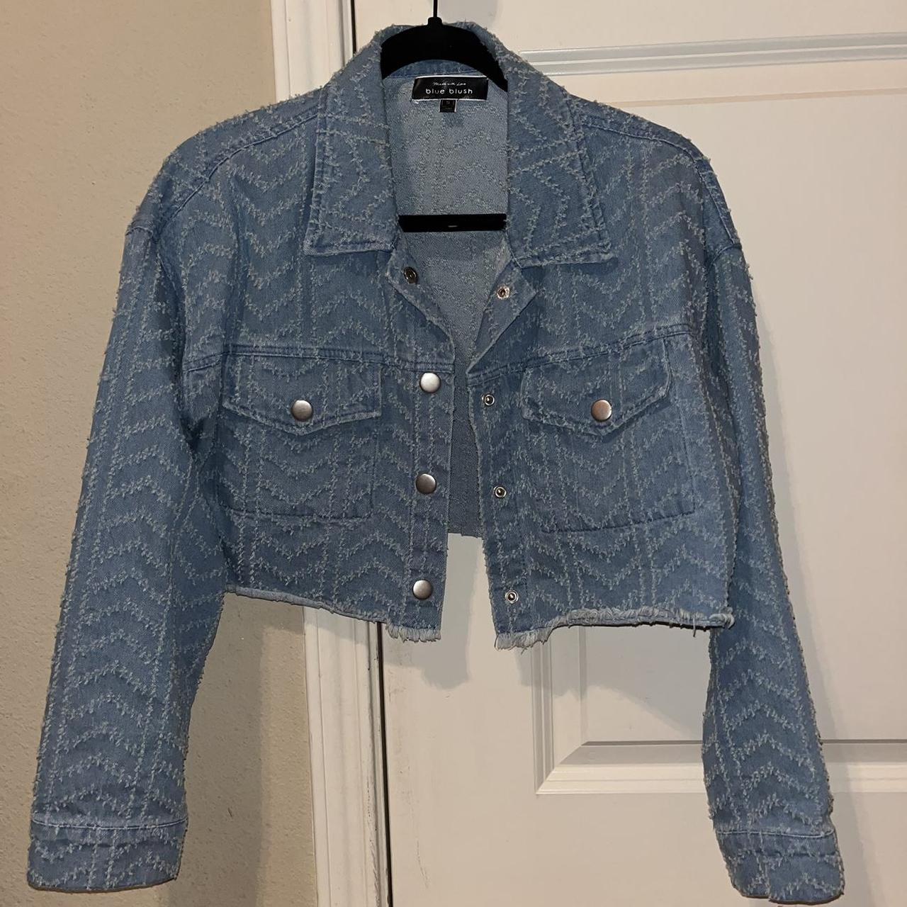 cropped denim distressed/ textured jacket purchased... - Depop