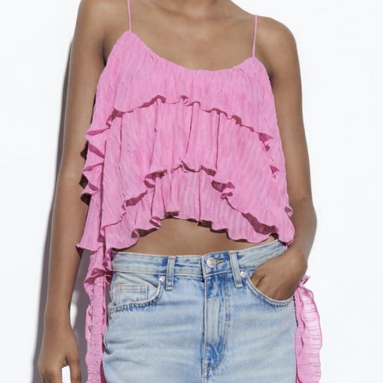 Zara pink top with ruffles . Worn once . Size... - Depop