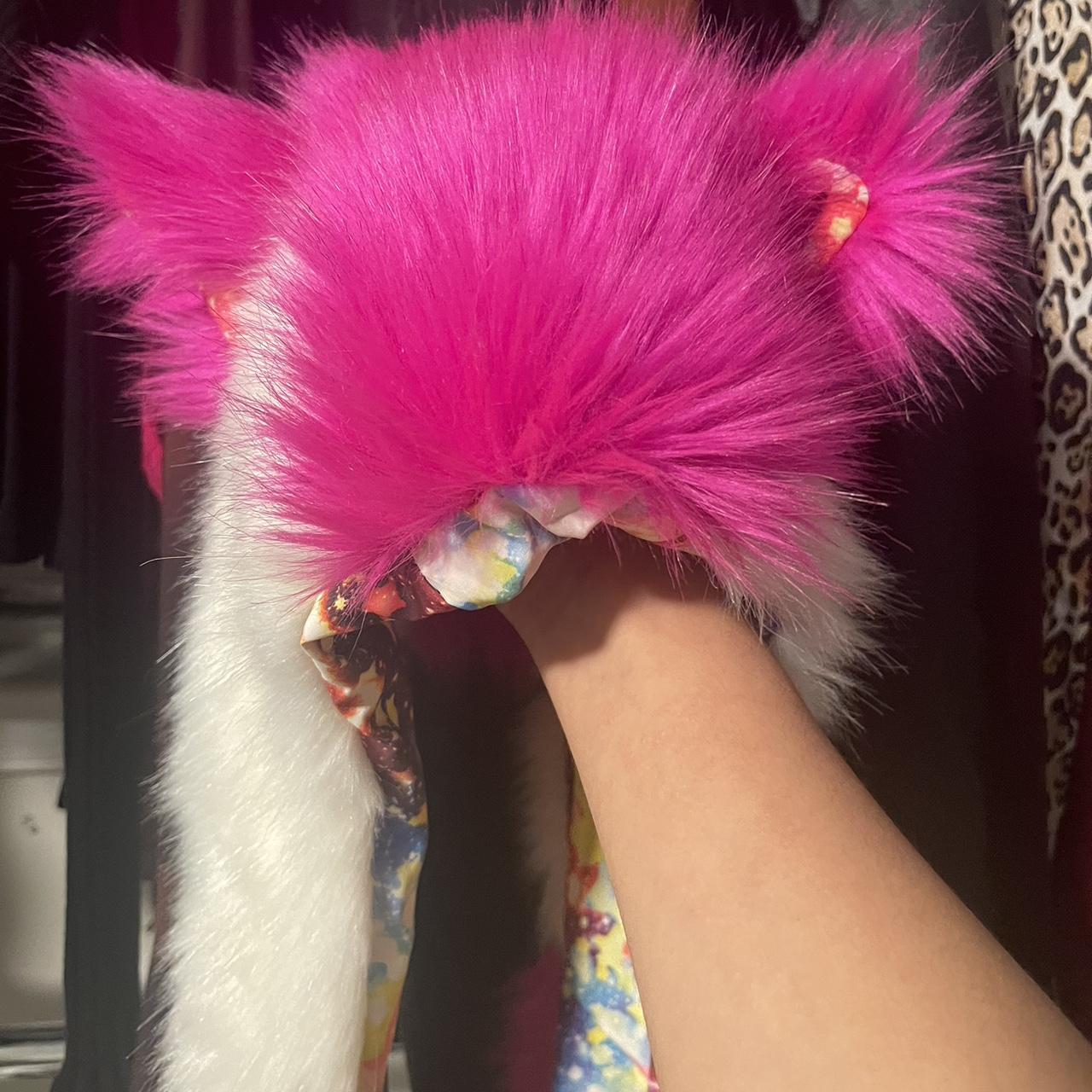 Furry pink and white rave hood hat with pockets and... - Depop