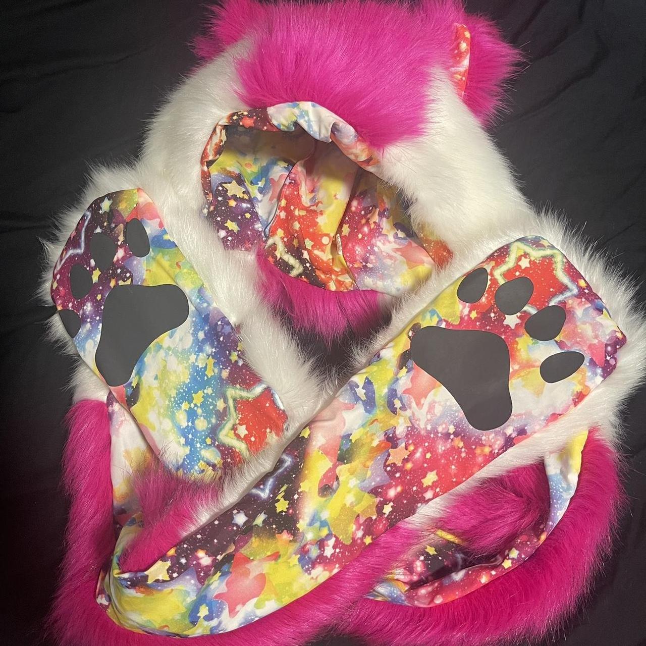 Furry pink and white rave hood hat with pockets and... - Depop