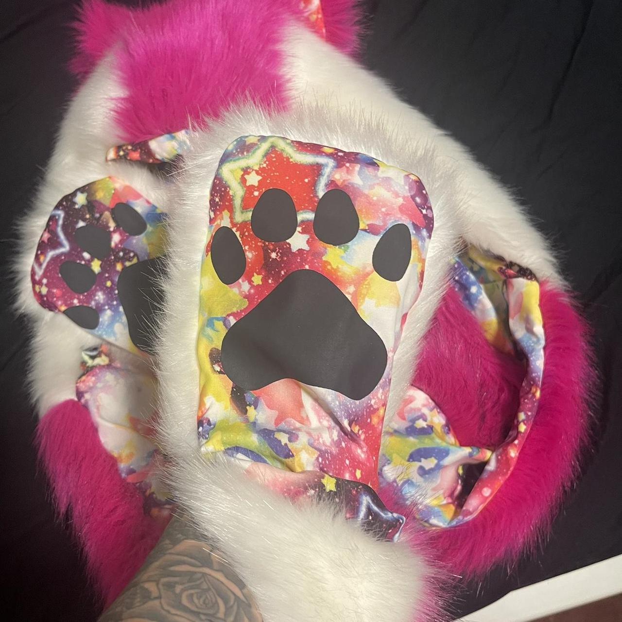 Furry pink and white rave hood hat with pockets and... - Depop