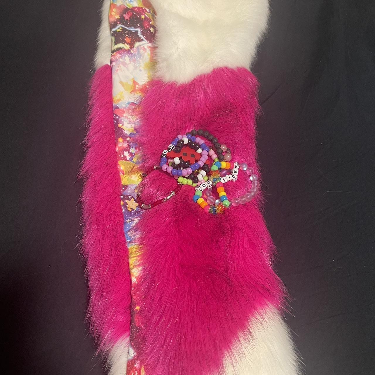 Furry pink and white rave hood hat with pockets and... - Depop