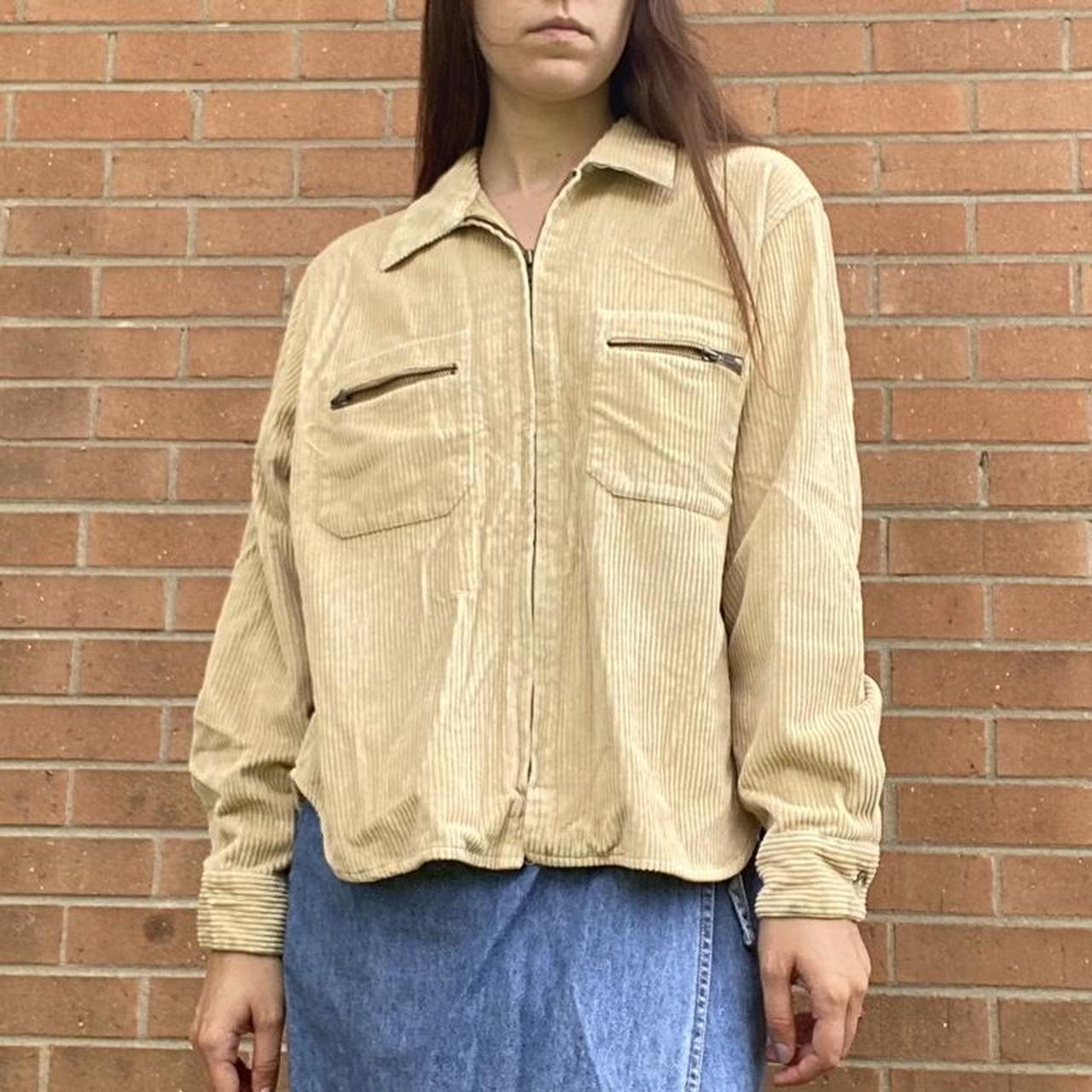 Tan and cream corduroy jacket with zip up and... - Depop