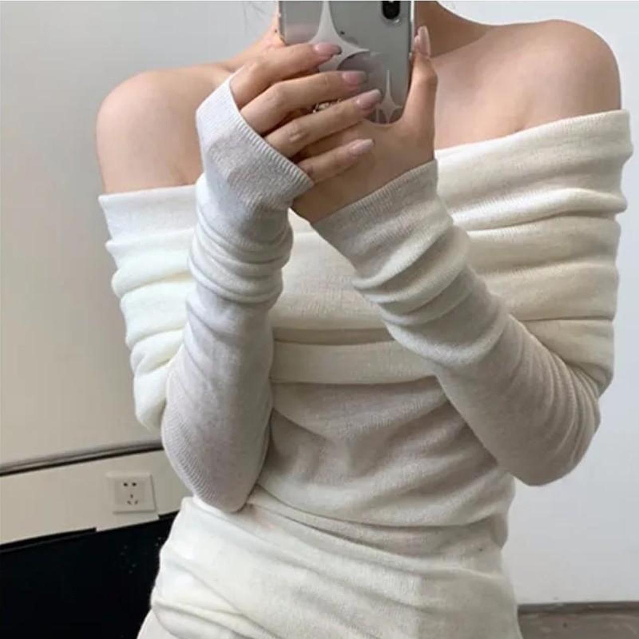 Cream rutched elegant off shoulder top - Depop