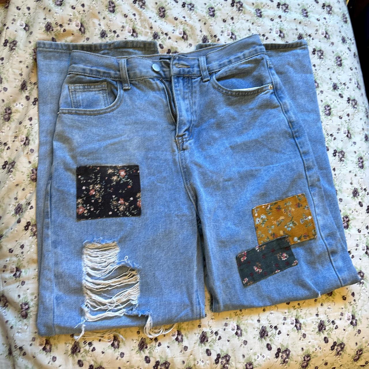 straight leg ripped jeans -medium -patches on both... - Depop