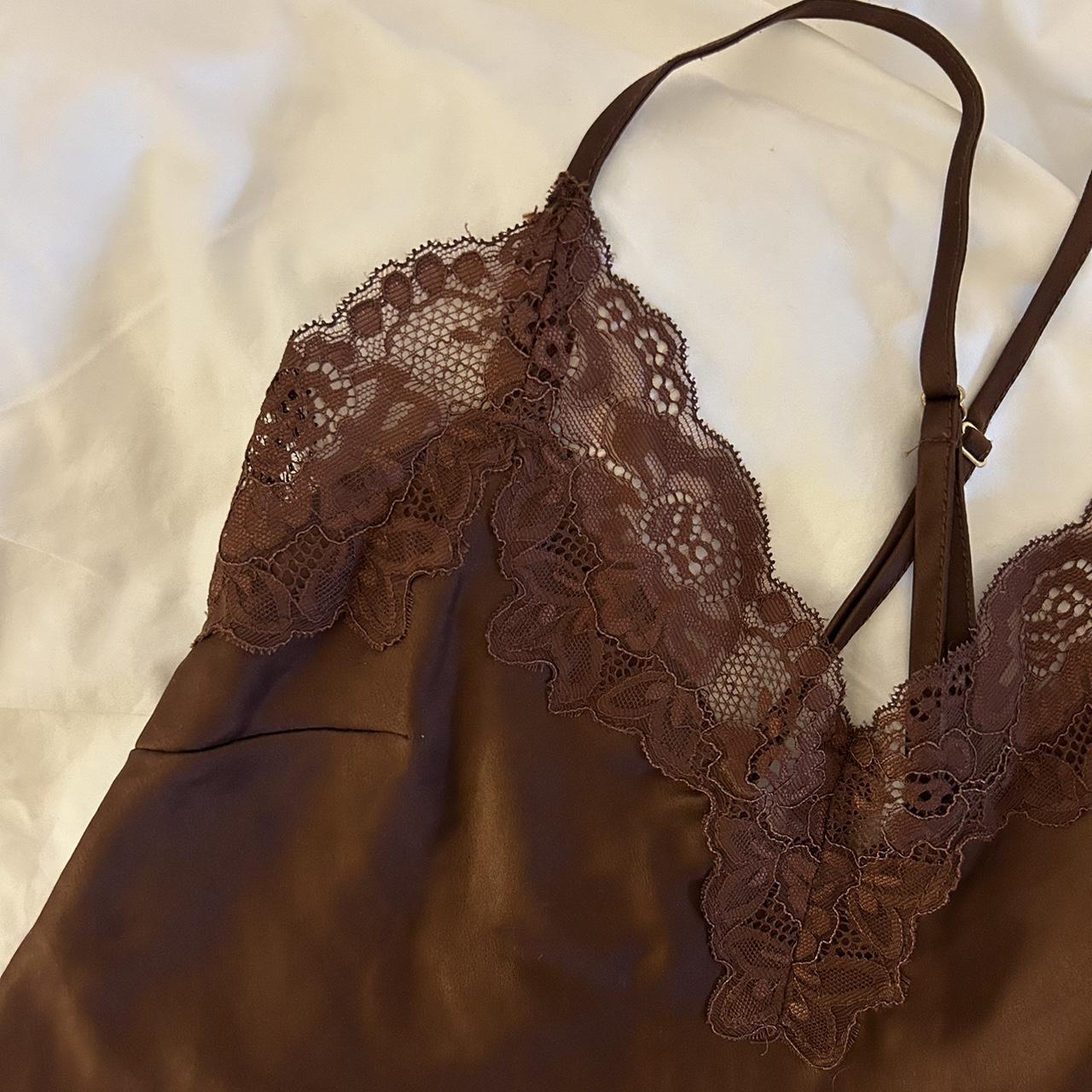 Gorgeous brown lace cami top with cross back straps... - Depop