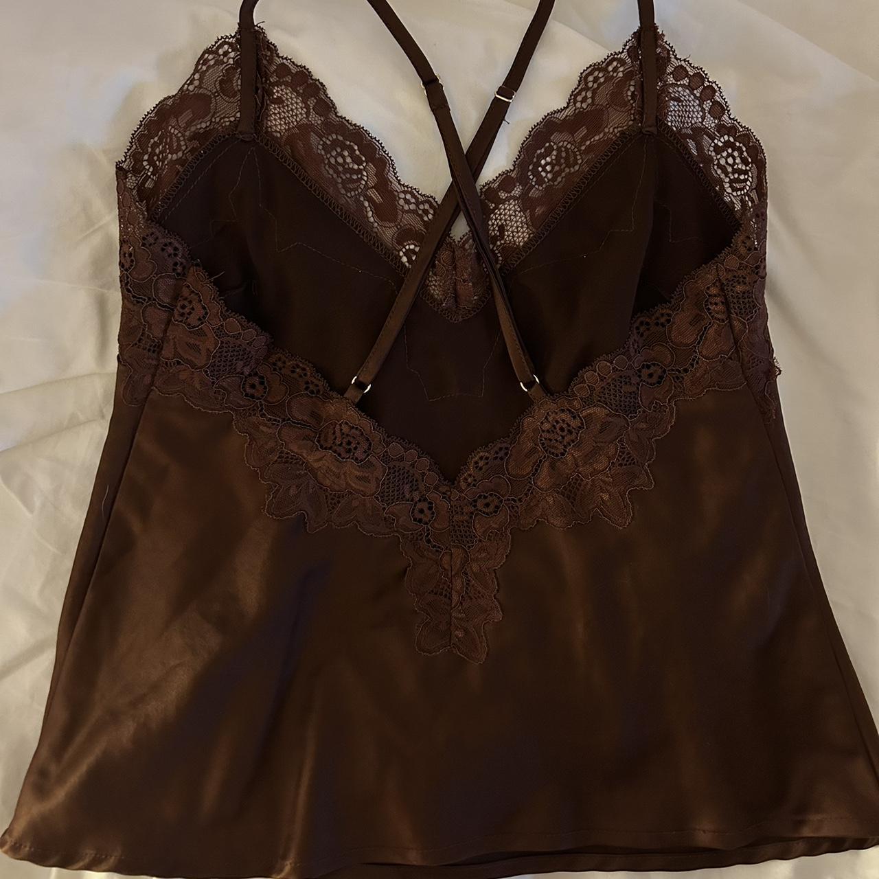 Gorgeous brown lace cami top with cross back straps... - Depop