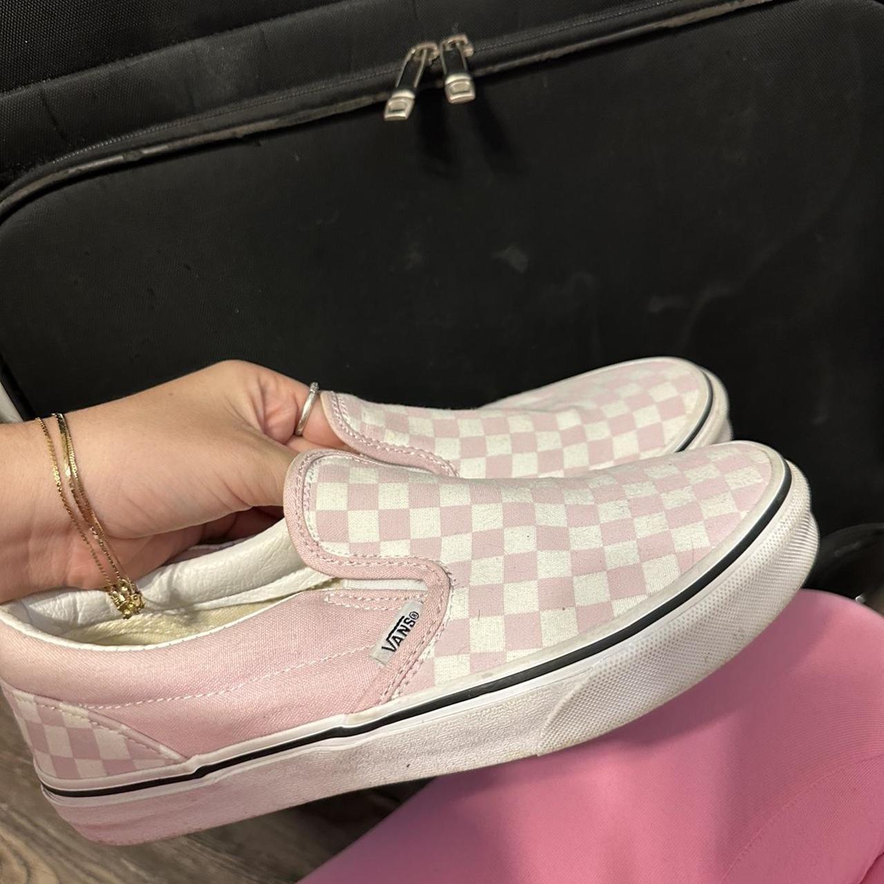 Vans baby pink slide on low checkered pink size 6.5... - Depop