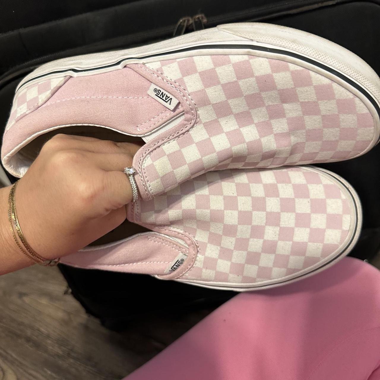 Vans baby pink slide on low checkered pink size 6.5... - Depop
