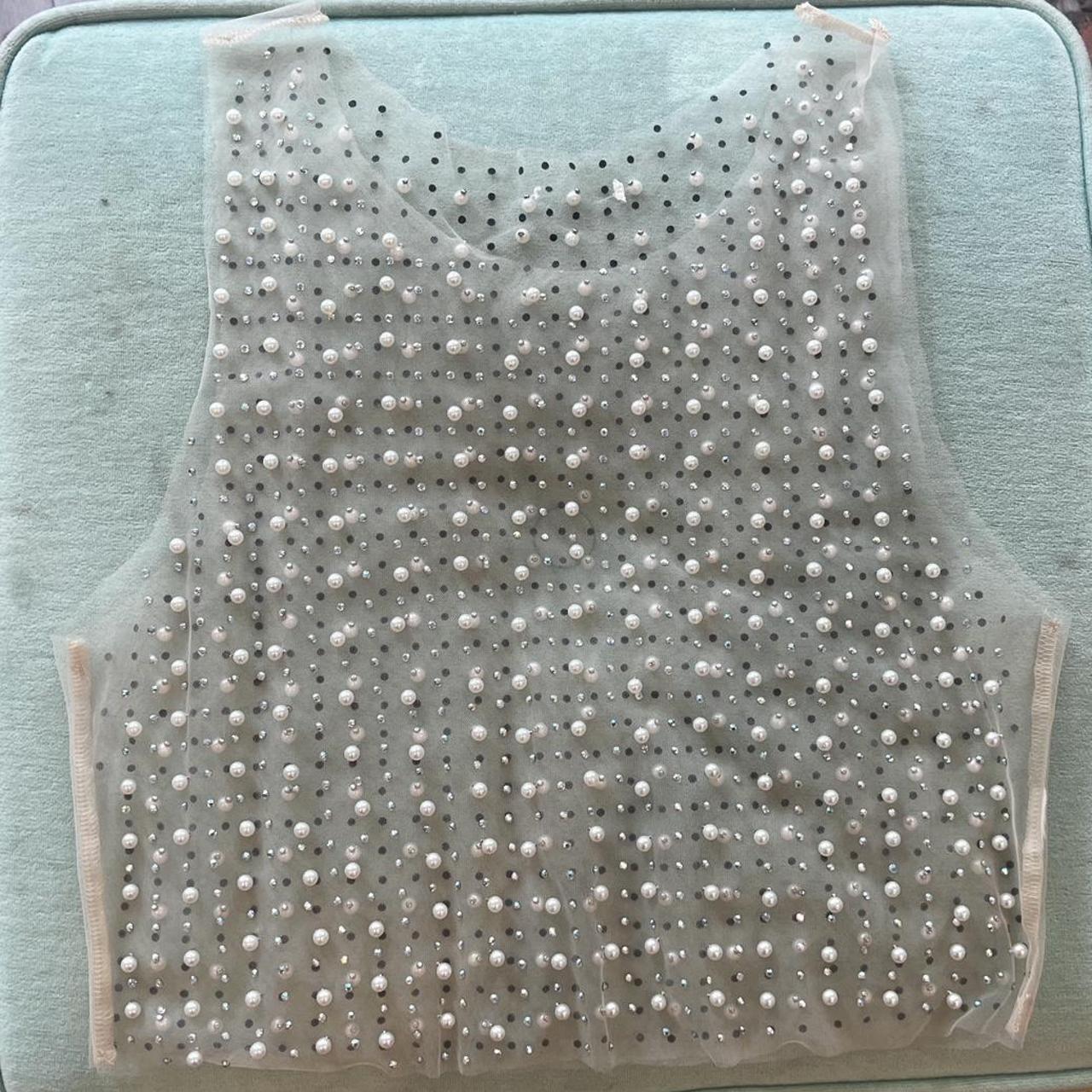 Mesh see trough pearl and rhinestone crop top... - Depop