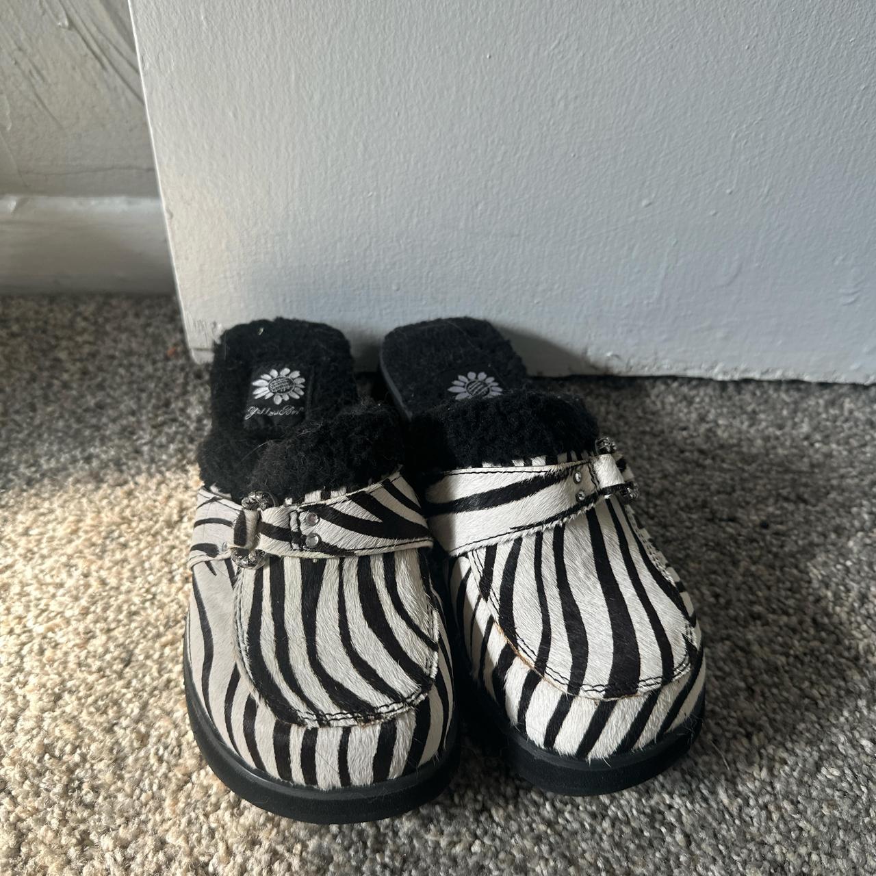 zebra print and black fuzzy clogs with rhinestone... - Depop