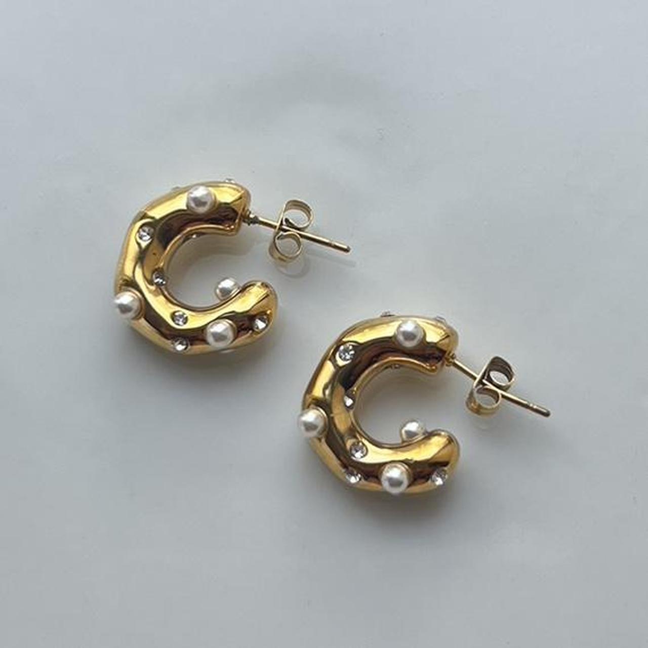 hold hoop stud earrings with pearl and diamond... | Depop