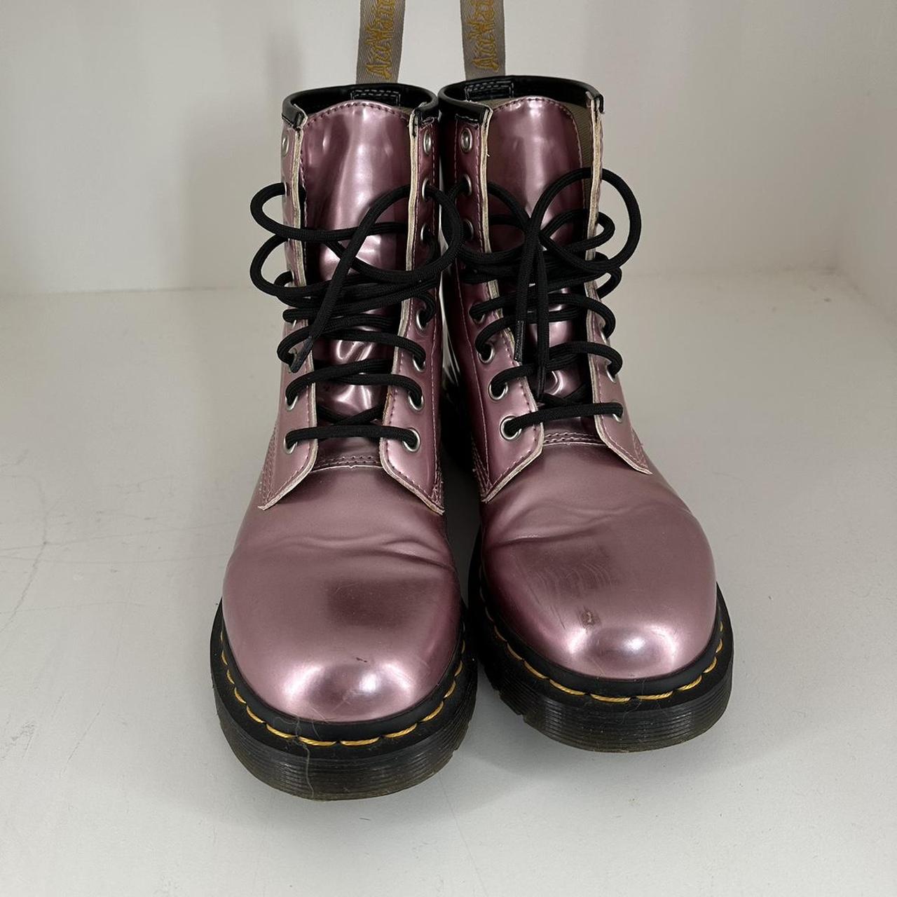 Doc Martens Pink Doc Marten boots metallic Slight... - Depop