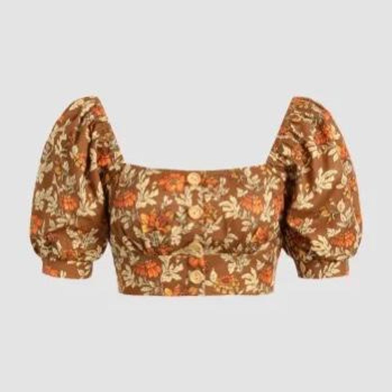 Cute floral cropped top with puffy sleeves Size... - Depop