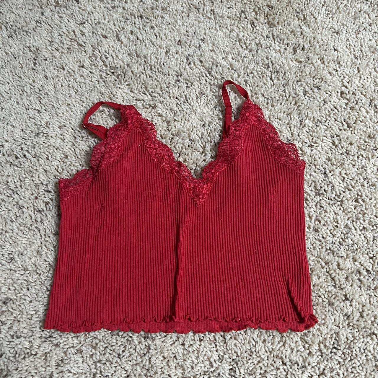 cute cropped red ribbed tank top with lace! slight v... - Depop