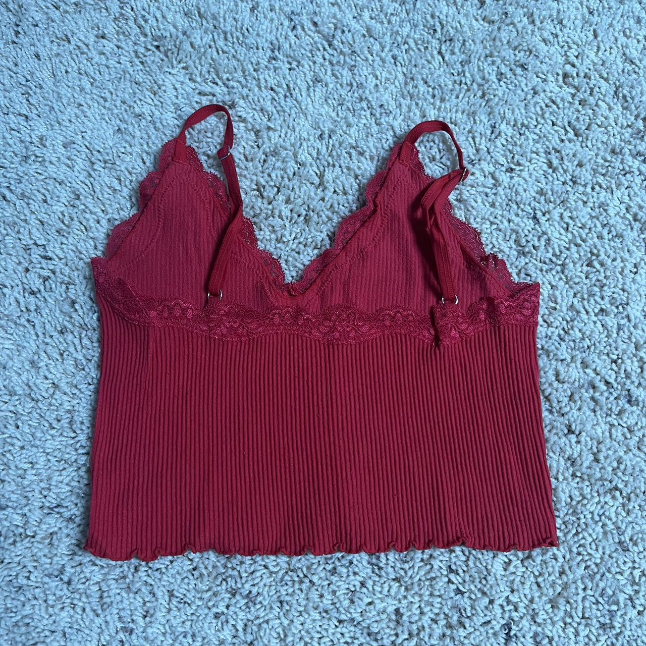 cute cropped red ribbed tank top with lace! slight v... - Depop