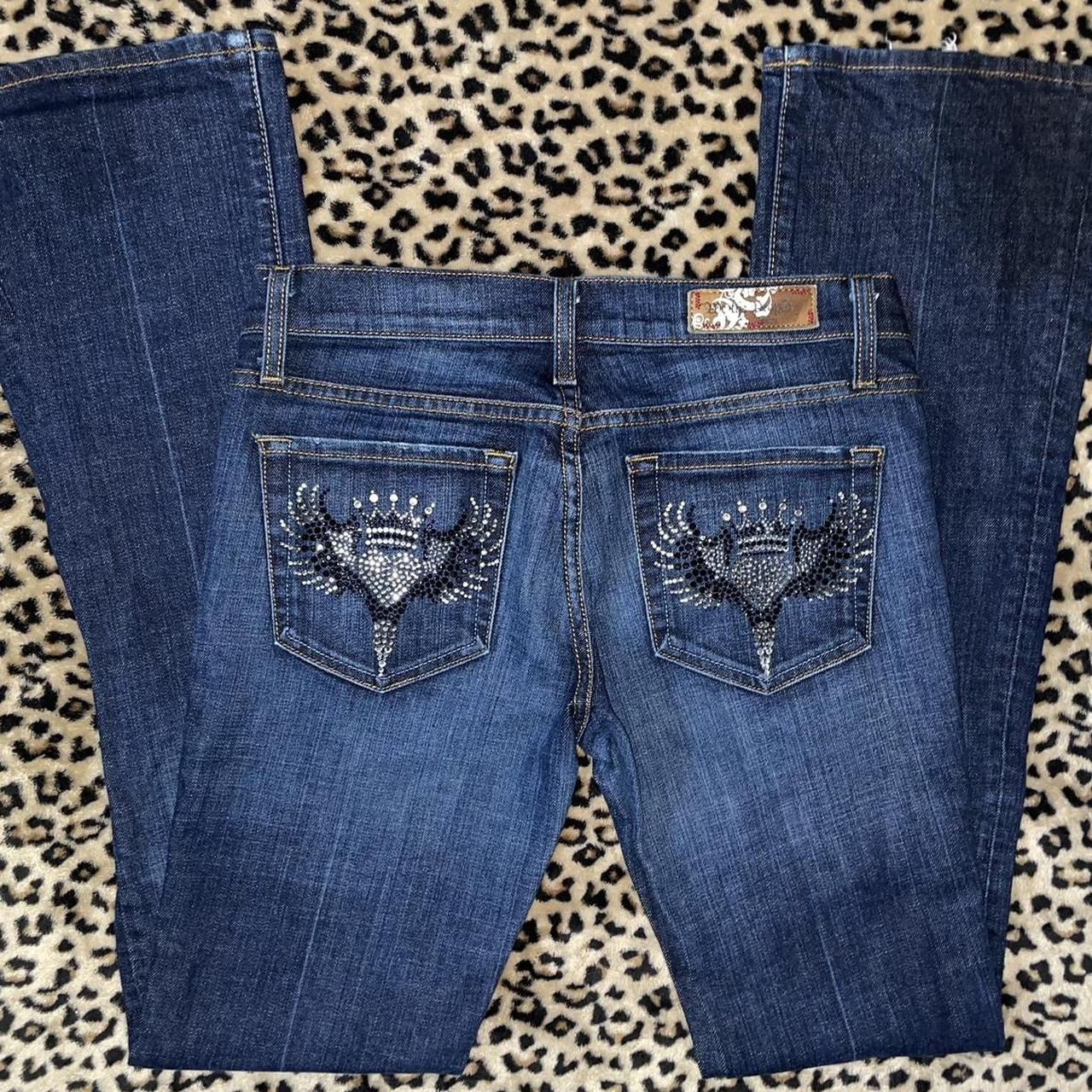 Y2k bedazzled print boot cut jeans Size 26 The... - Depop