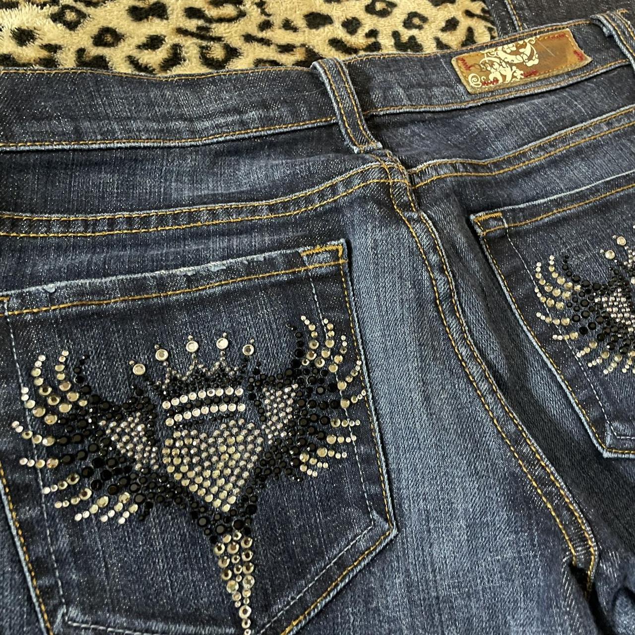 Y2k bedazzled print boot cut jeans Size 26 The... - Depop