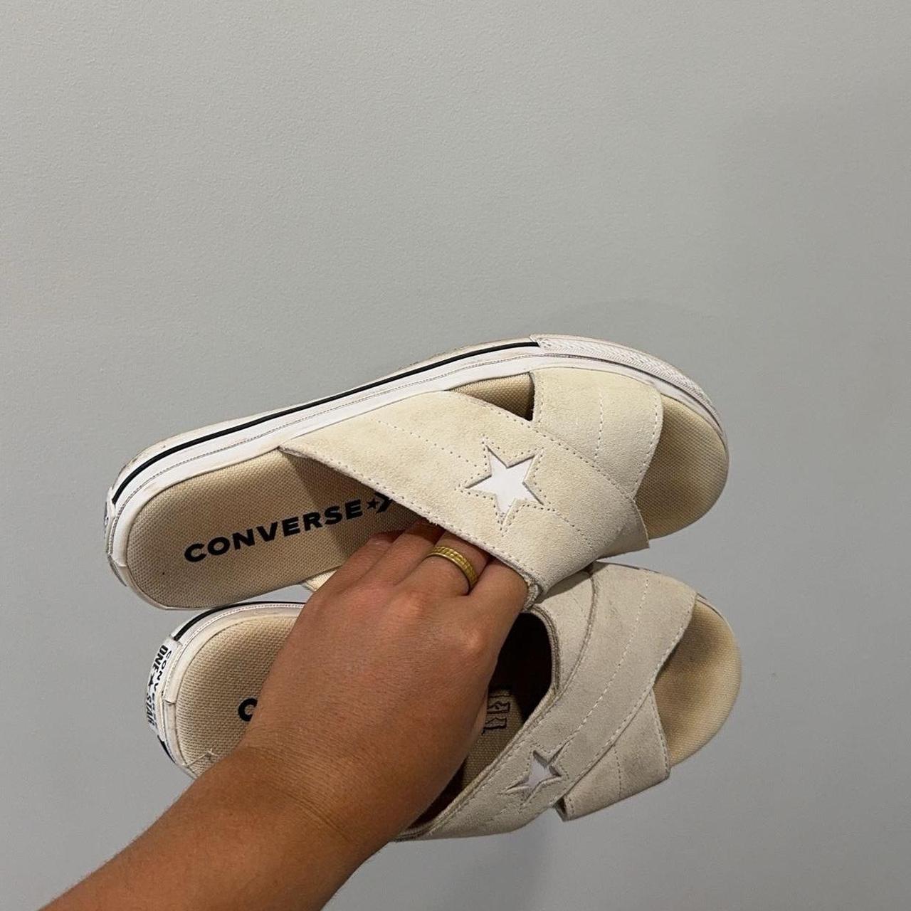 cream converse slides, size uk 7 pretty well worn as... - Depop