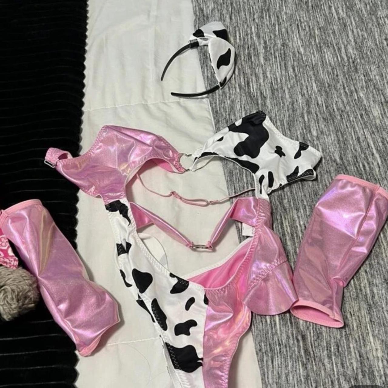 Pink glitter cow rave bodysuit. Comes with arm... - Depop