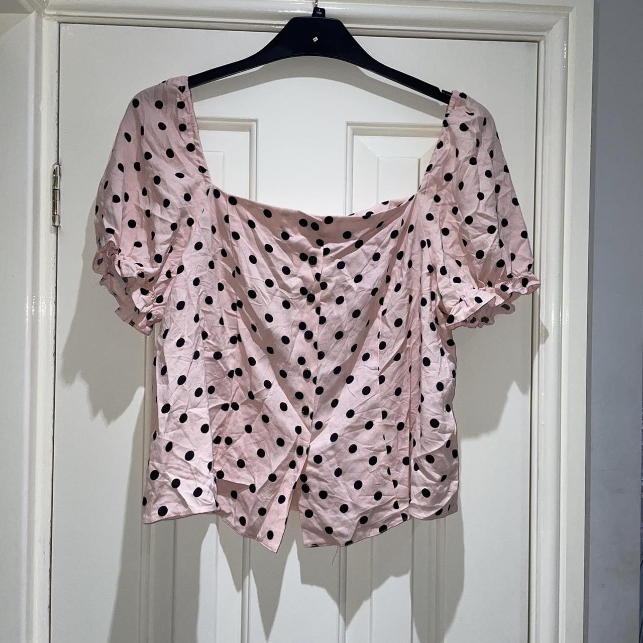 Primark Pink Black Polka Dot Button Up Puff Sleeve... - Depop