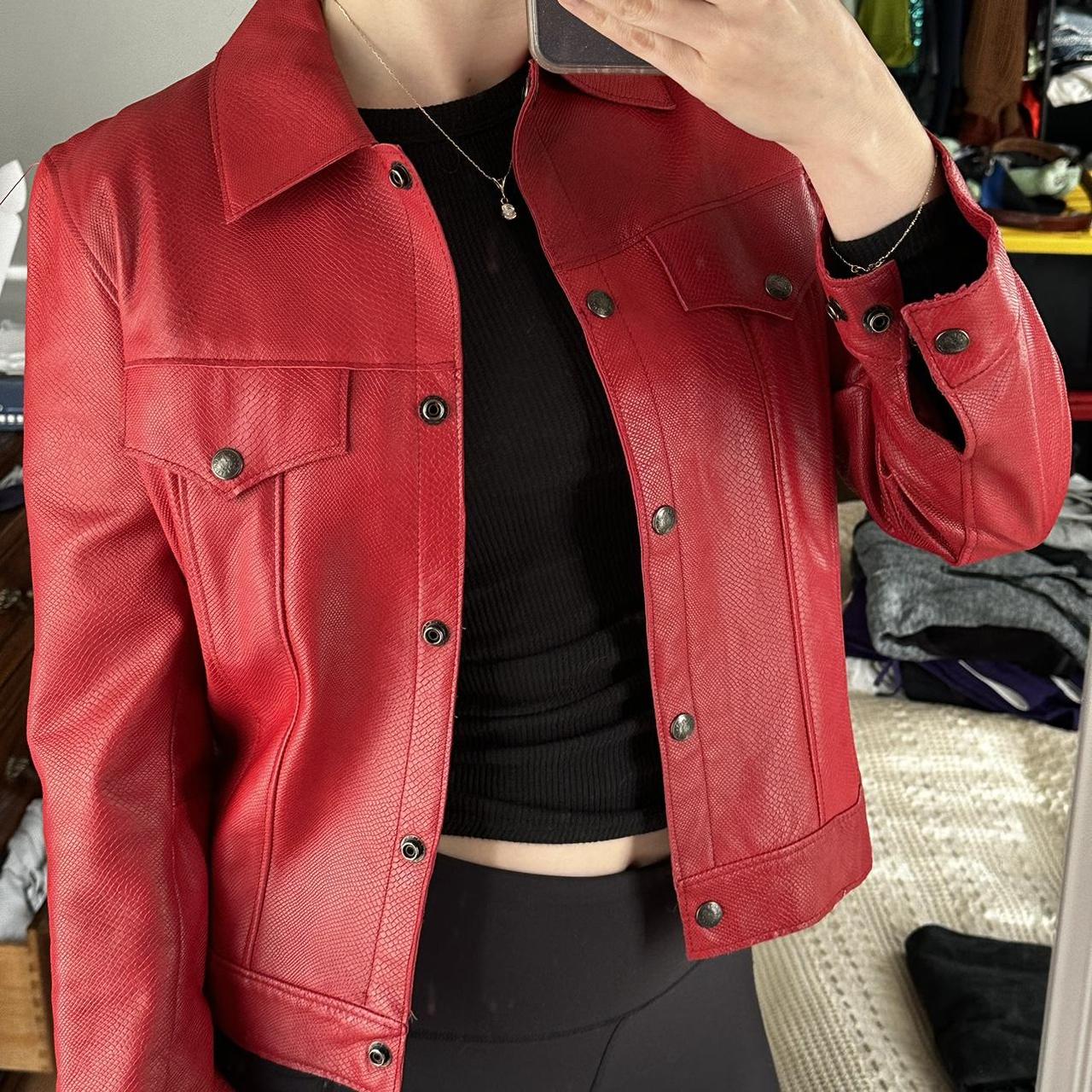 Bright cherry red Canadian Roots leather jacket.... - Depop