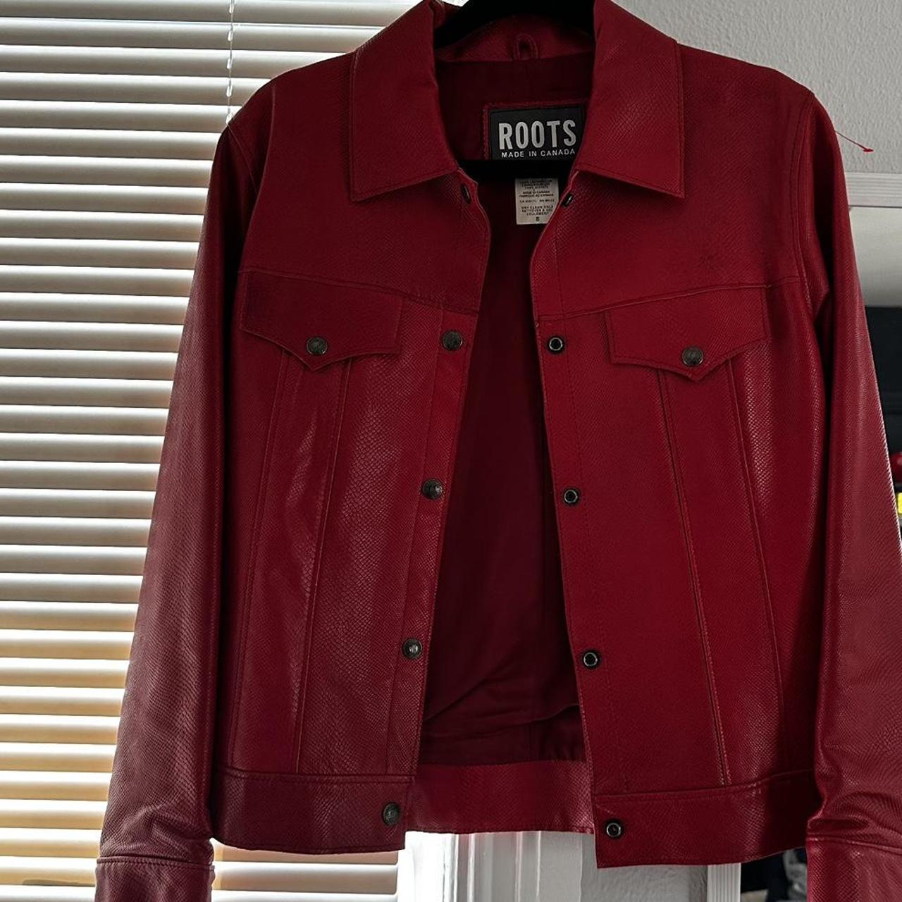 Bright cherry red Canadian Roots leather jacket.... - Depop