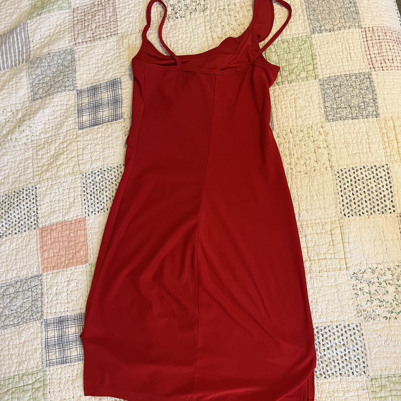 cute red dress with asymmetrical ruffle fits size... - Depop