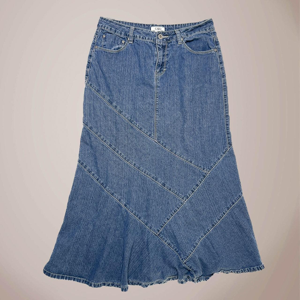 Cato Blue Paneled Denim Fit and Flare Trumpet Maxi... - Depop