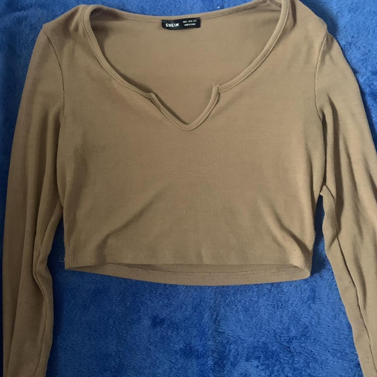 Tan Crop Top with Slit in the Front -Stretchy Material - Depop