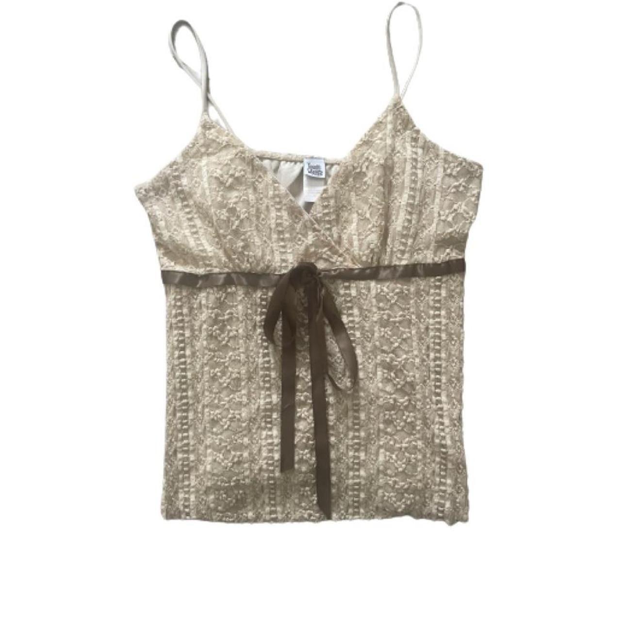 Vintage cream and brown tie tank top with ruched... - Depop