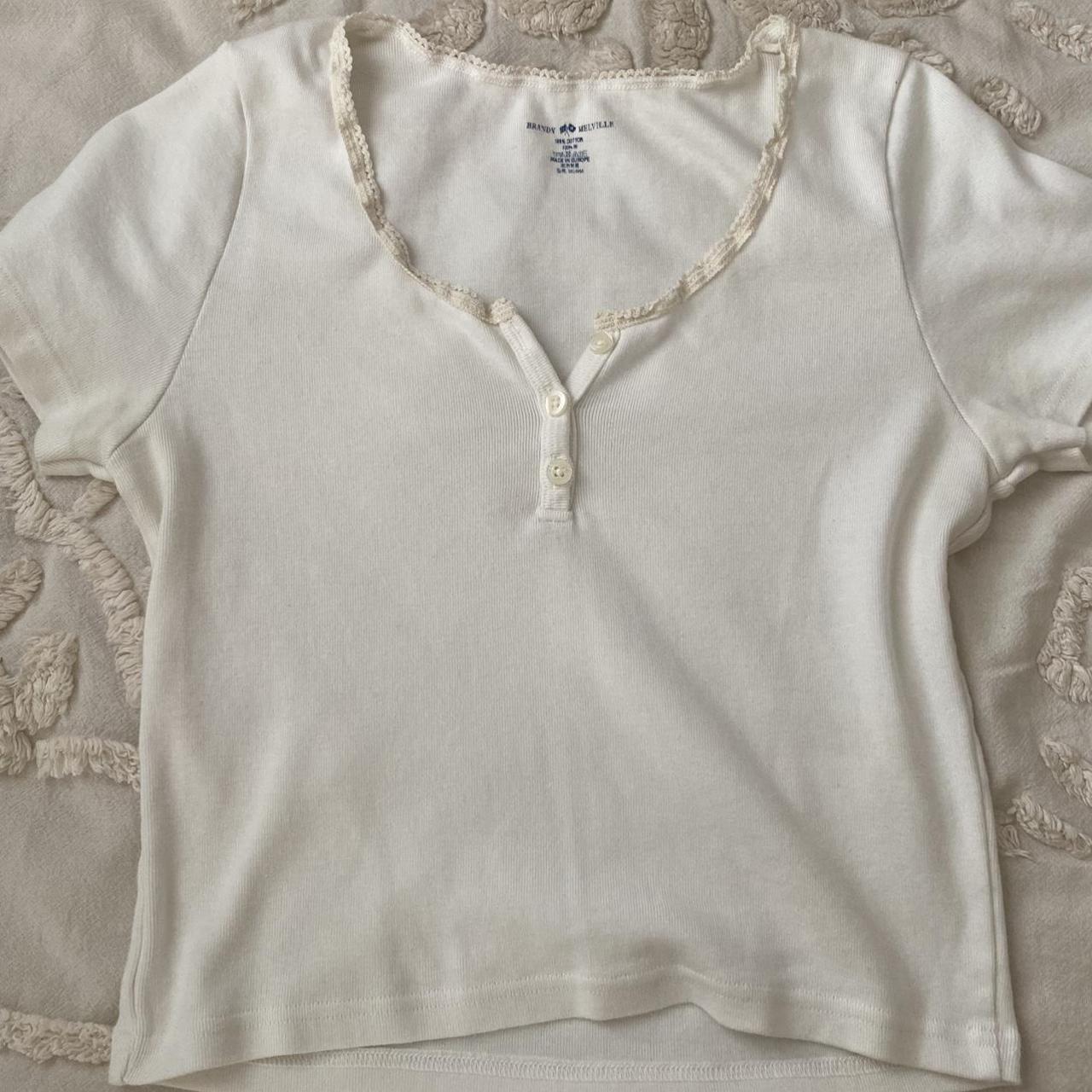 brandy melville white baby tee with ruffles &... - Depop