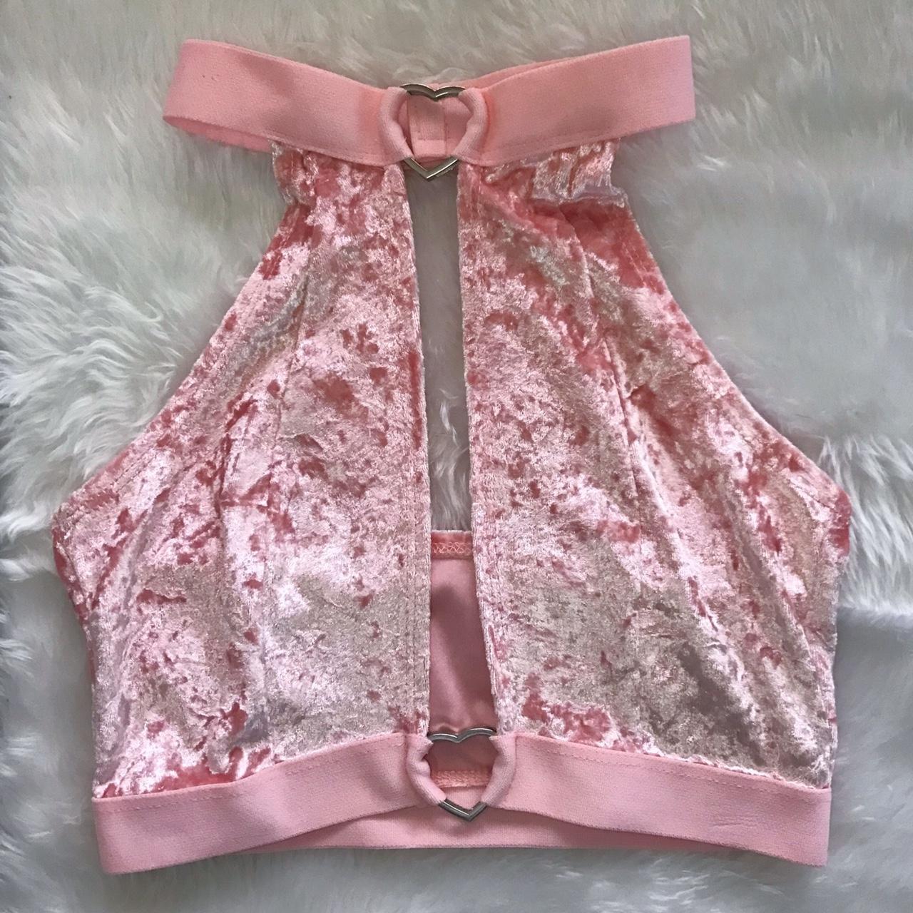 Baby Pink velvet heart halter top Bust: 66cm... - Depop