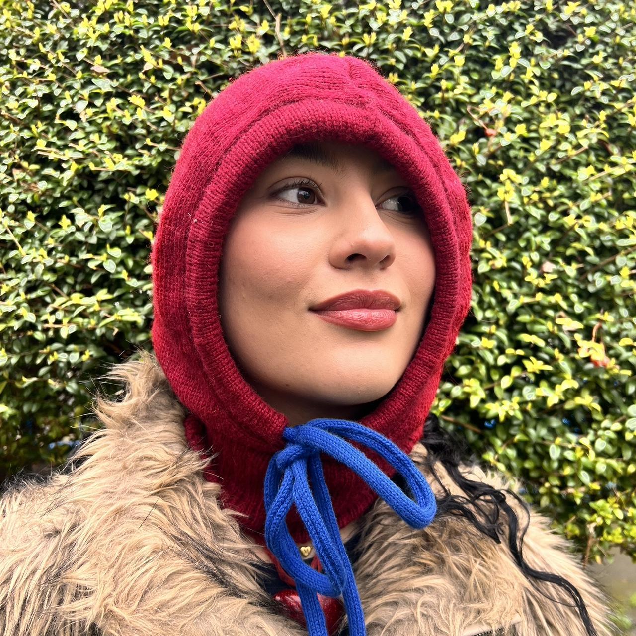 Hand knit mohair hood/balaclava, red with blue tie. - Depop