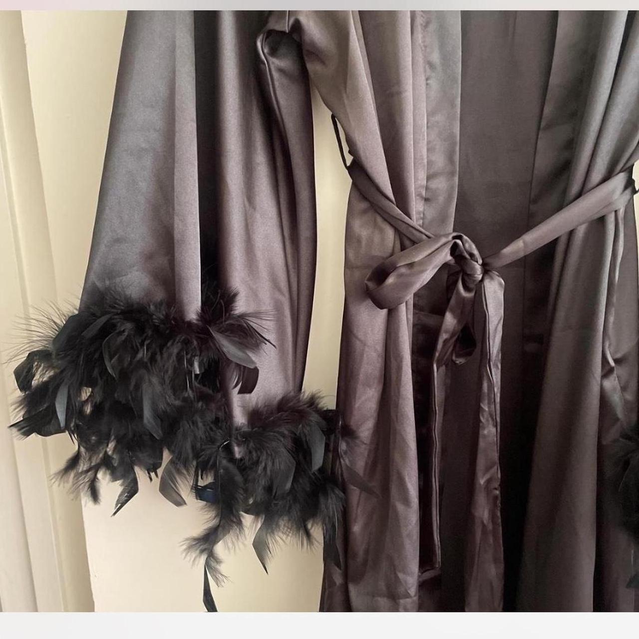 Black Satin feather trim robe with a belt M/L Never... - Depop