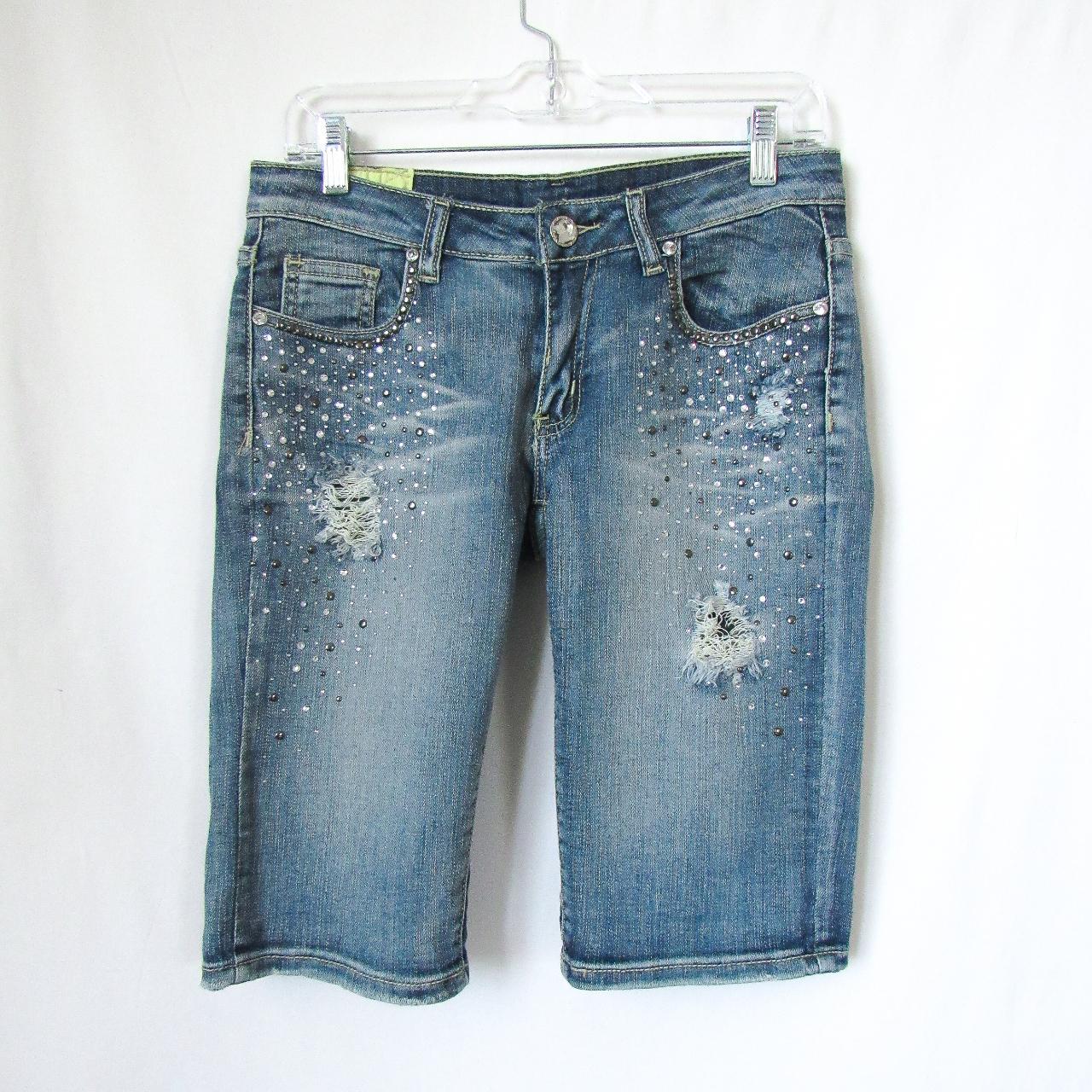 GORGEOUS Y2K Rhinestone Embellished Low Rise Jorts... - Depop