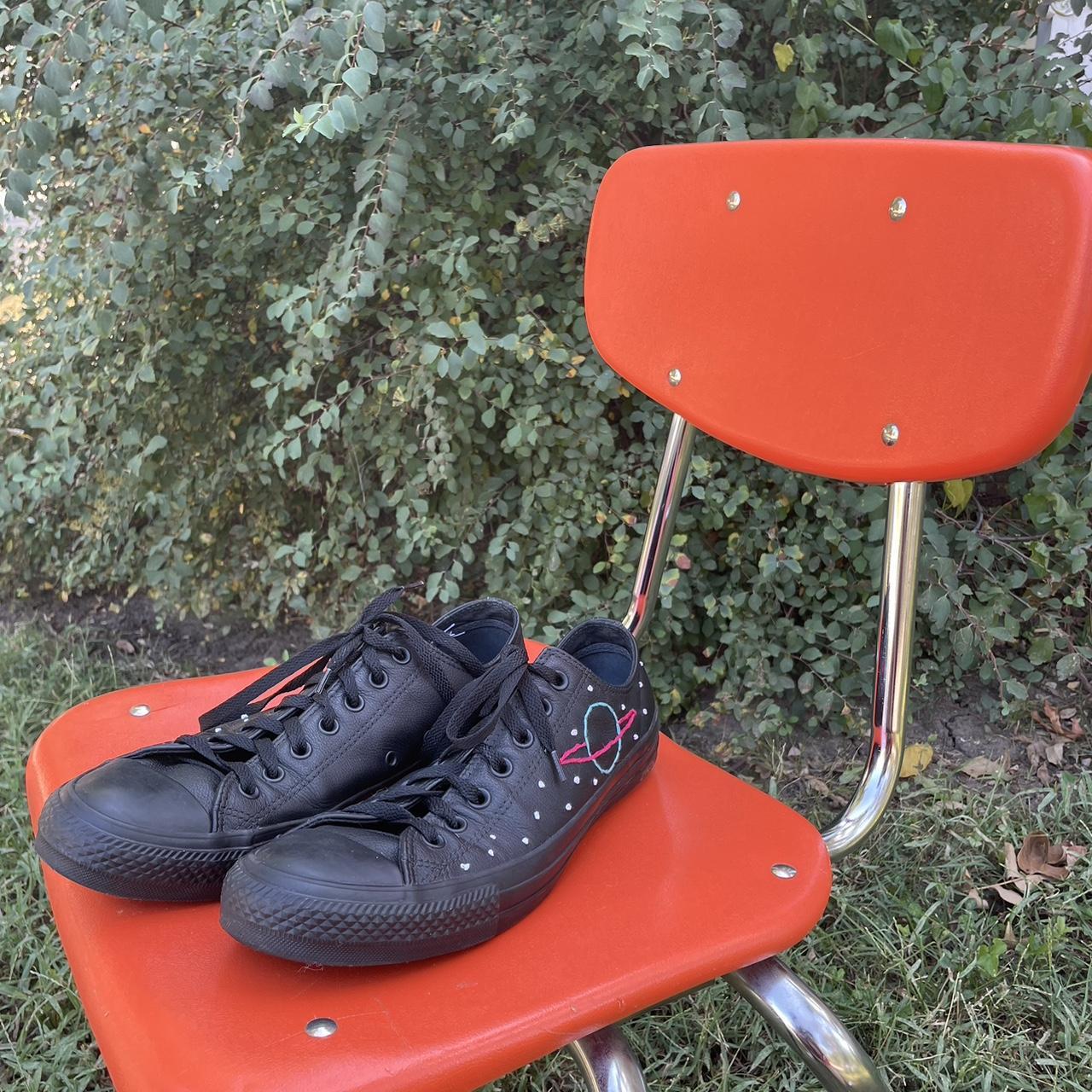 Custom embroidered black leather converse mens 11.5... - Depop