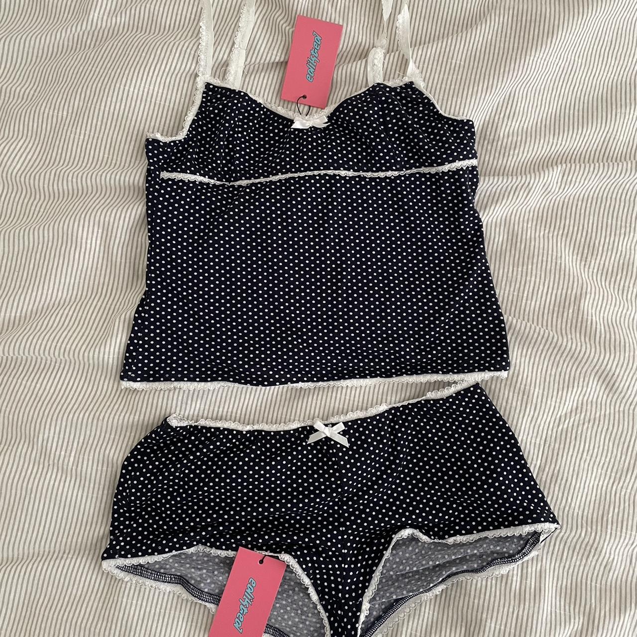 Edikted pj set navy and white polka dot with lace... - Depop