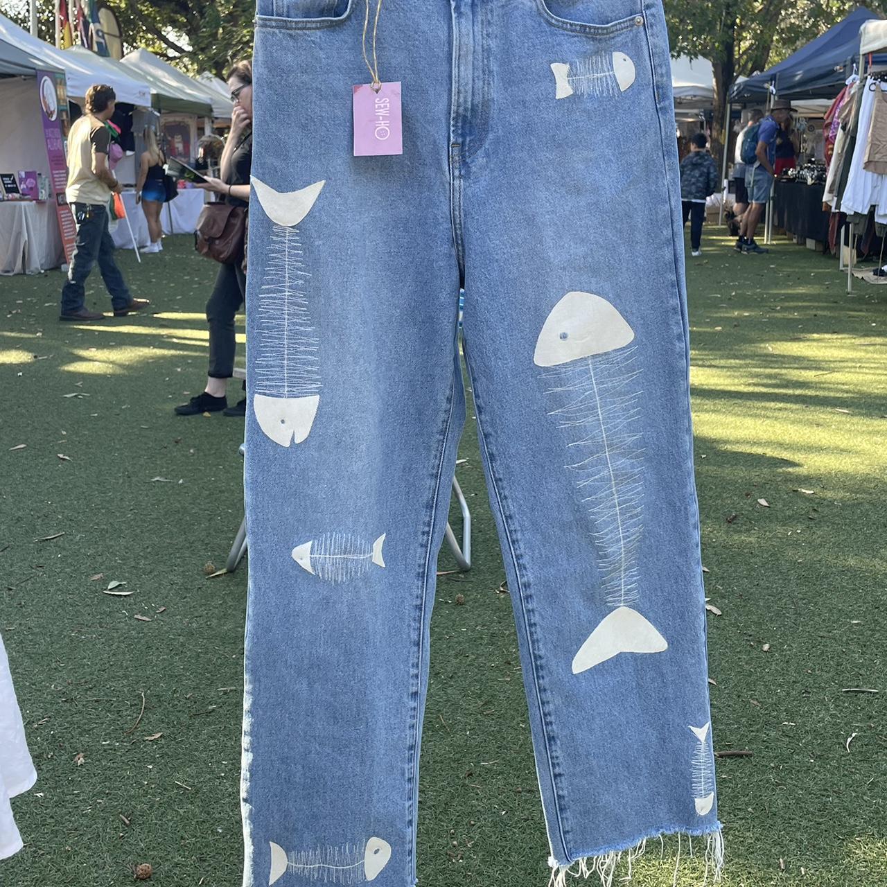 Fish Skeleton Demin Jeans Handmade and unique... - Depop