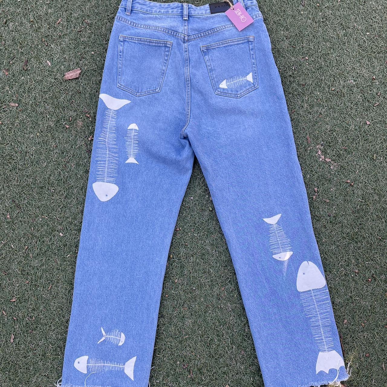Fish Skeleton Demin Jeans Handmade and unique... - Depop