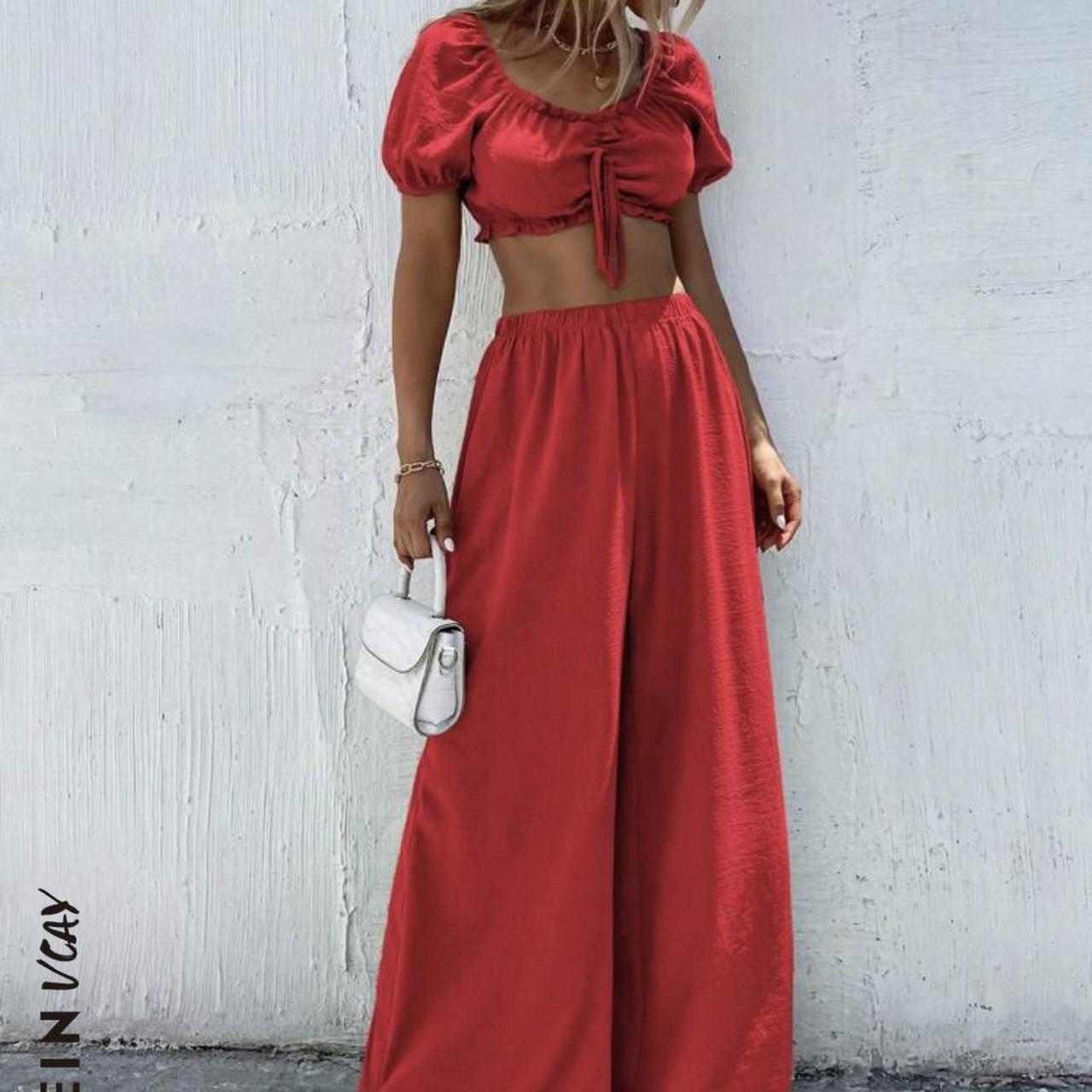 Solid Drawstring Front Crop Top & Wide Leg Trousers... - Depop