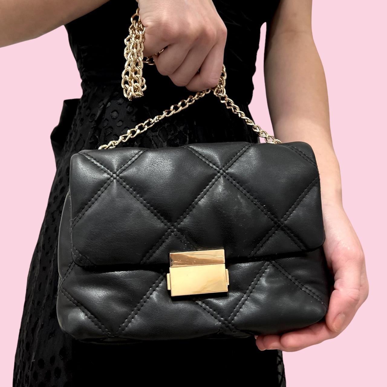 black quilted pattern purse with crossbody gold... - Depop