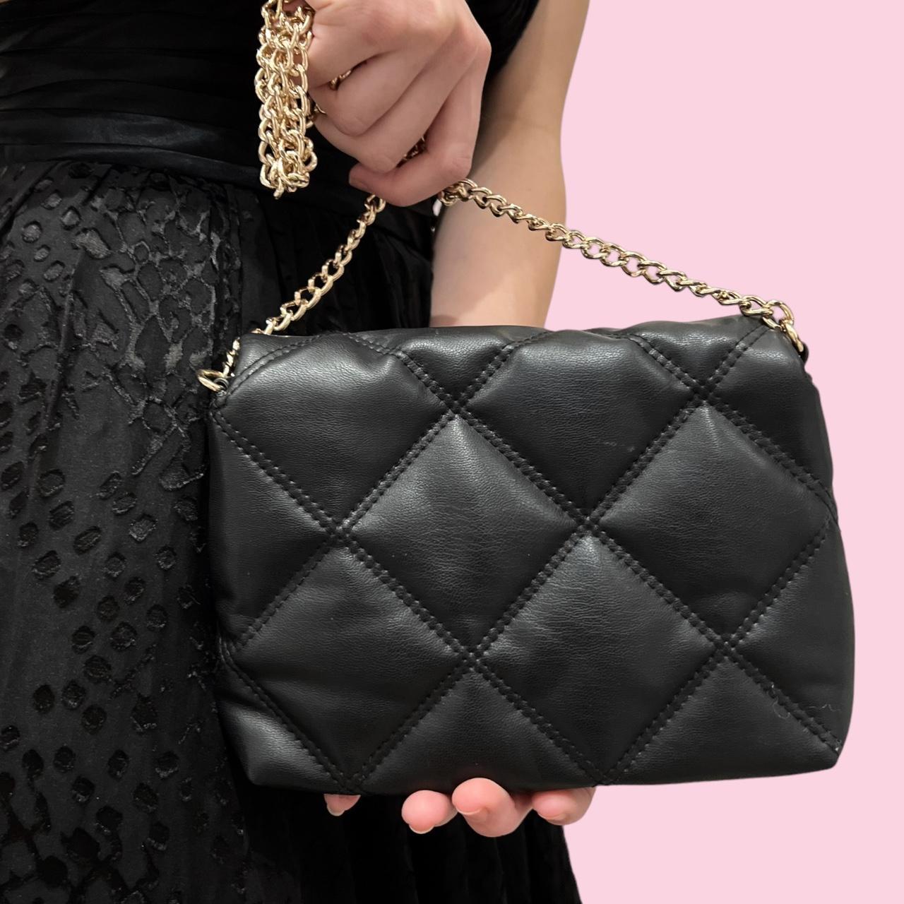 black quilted pattern purse with crossbody gold... - Depop