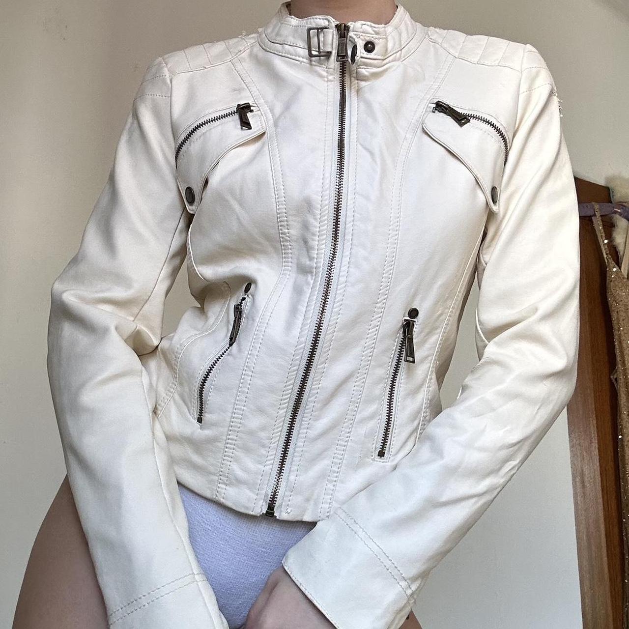 cream pleather moto jacket • has some peeling on the... - Depop