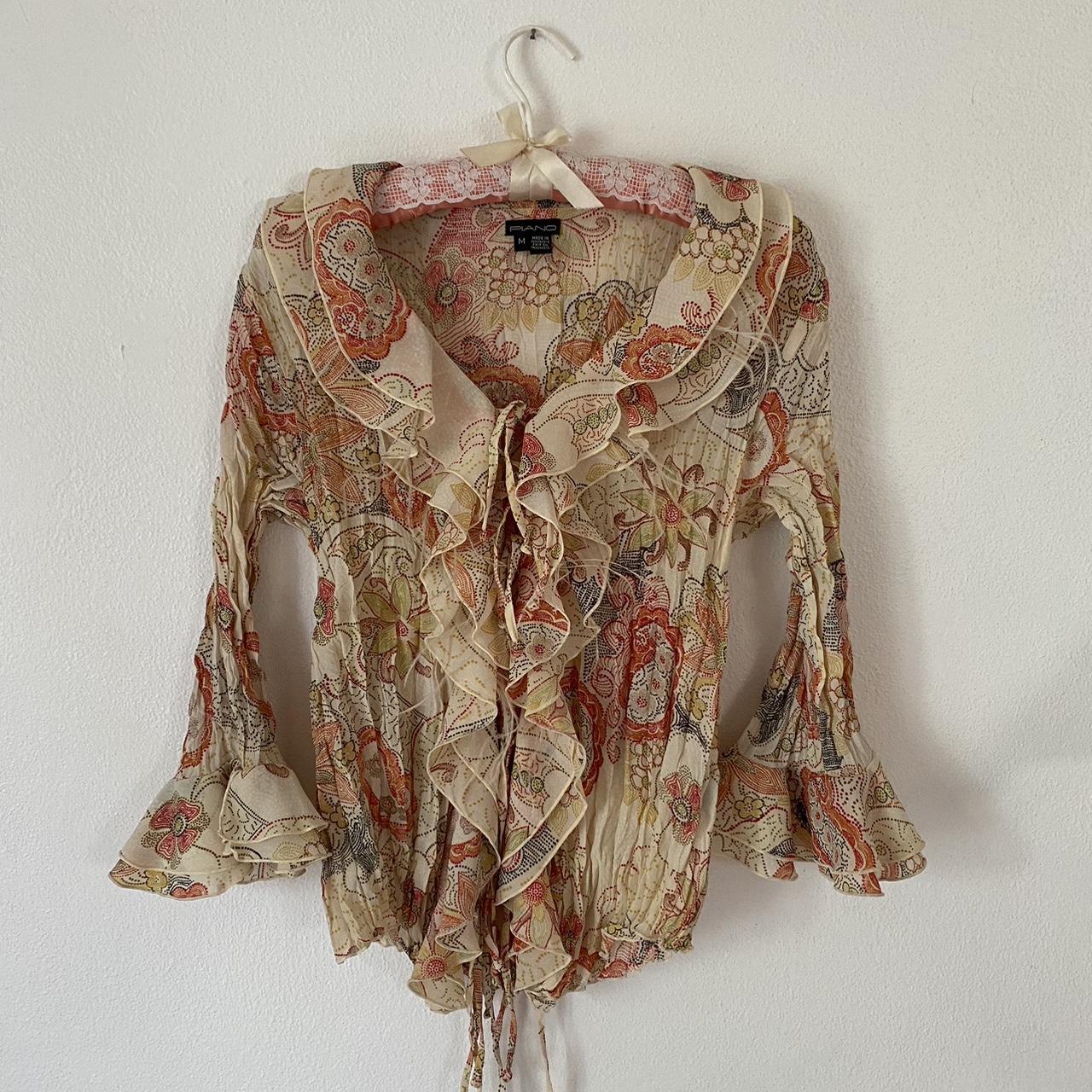 Vintage early 2000s tie up boho blouse with feather... - Depop