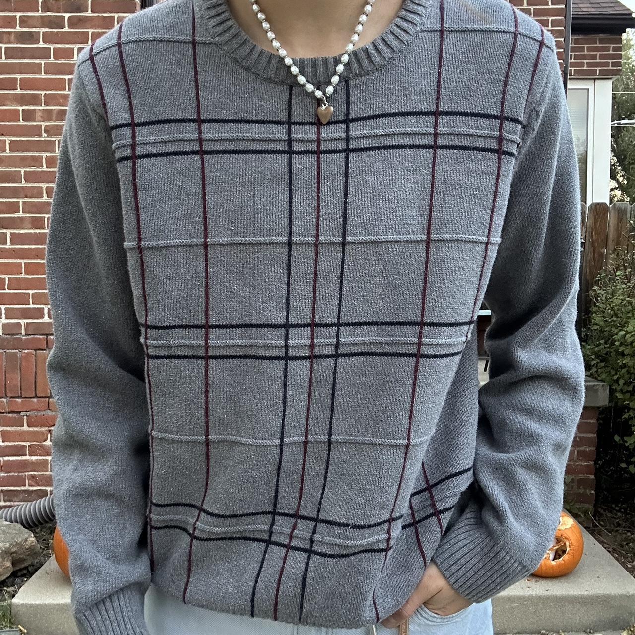 Grey and red plaid sweater - Depop